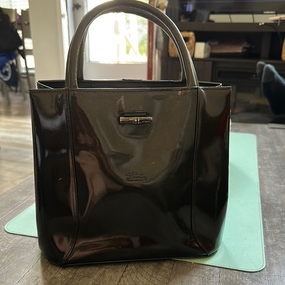 Longchamp | Bags | Longchamp With Coa Black Patent Leather Tote With ...